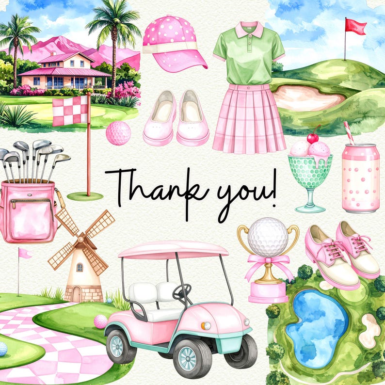 Pink Golf PNG Vintage Golf Cart & Ball Retro Watercolor Sports Art for ...