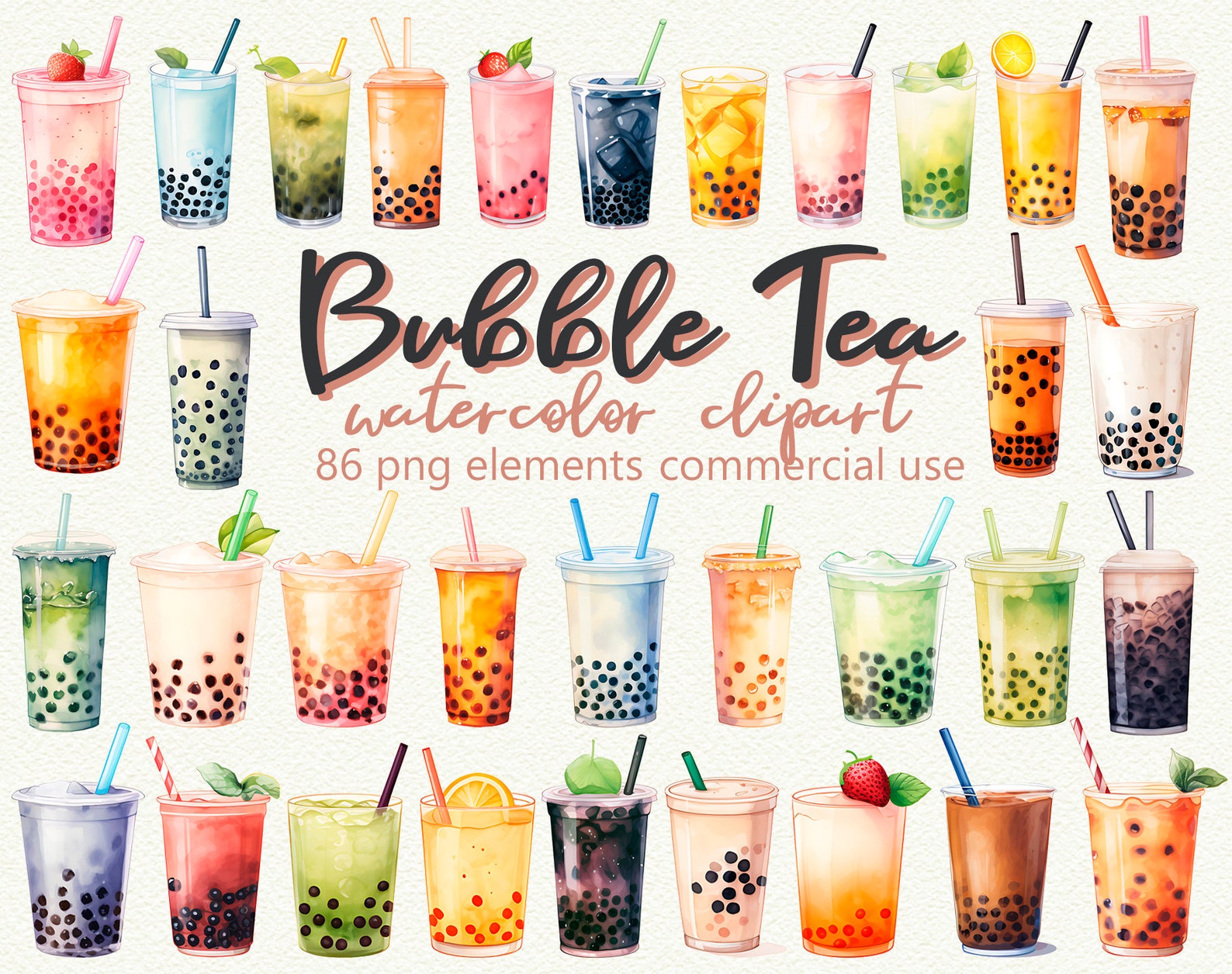 86 Boba Tea Clipart Set | Kawaii Bubble Tea PNG Bundle Strawberry ...
