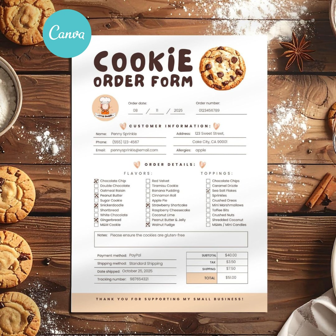 Cookie Order Form Editable Canva Template Cute Pastel Bakery Order ...
