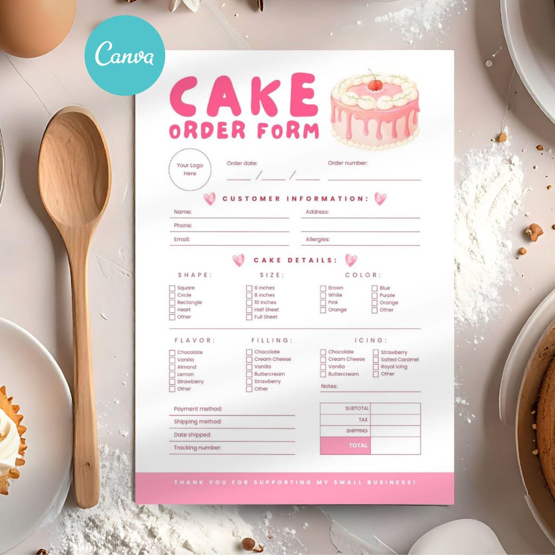 Cake Order Form Editable Template, Cute Pink Bakery Business Form ...