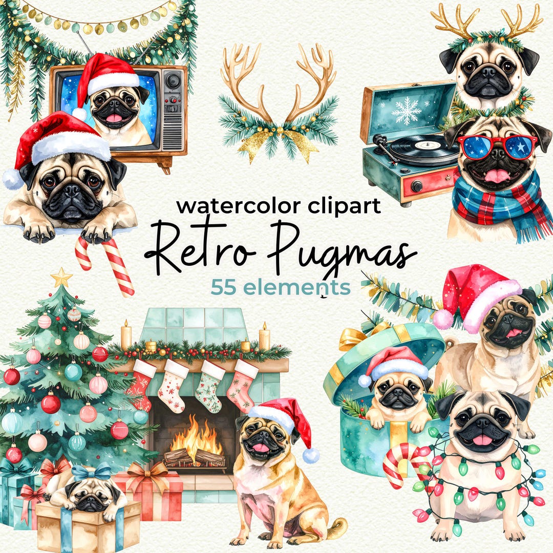 Christmas Pug Clipart Cute Dog PNG Retro Merry Pugmas Watercolor Winter ...