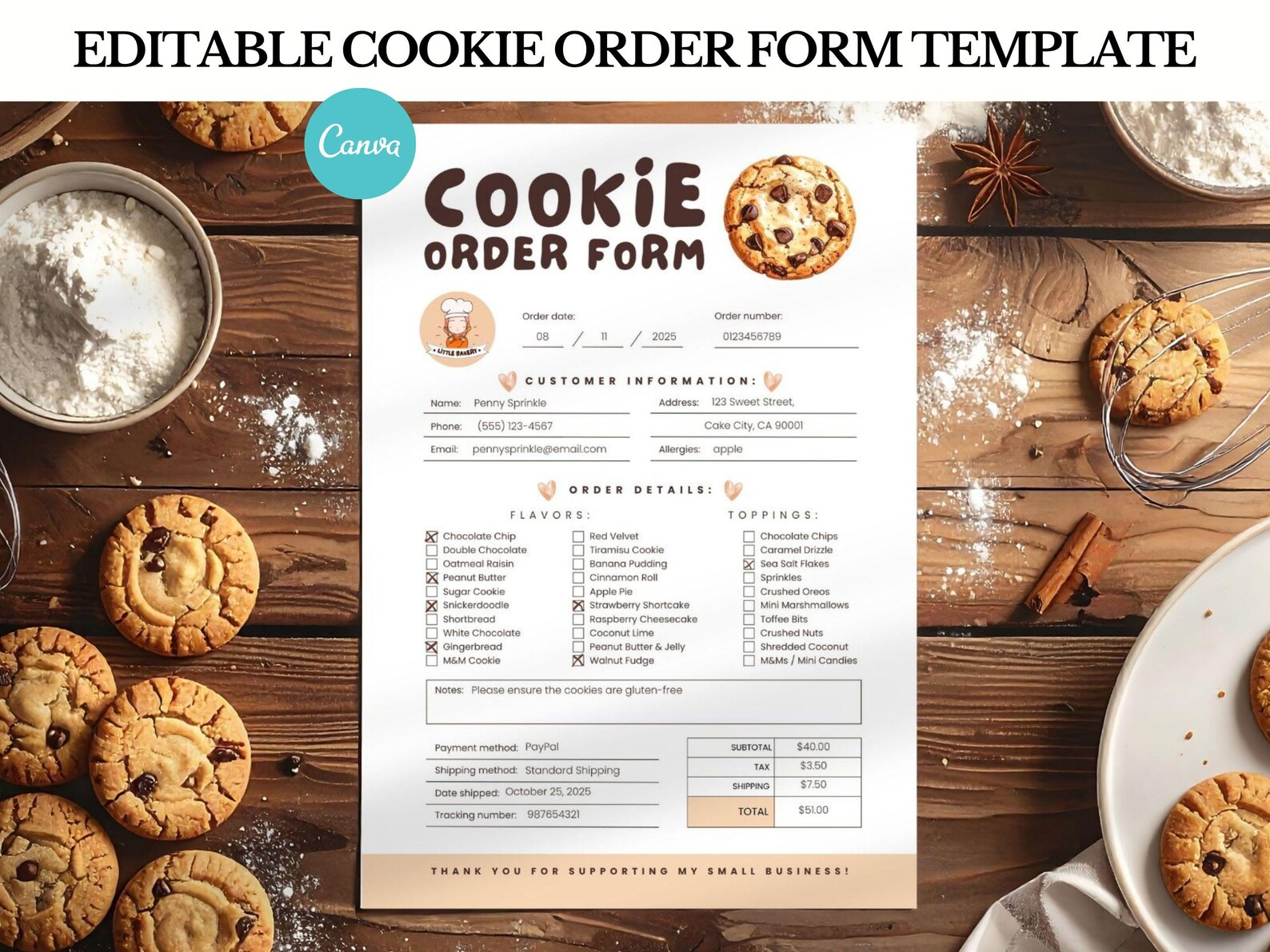 Cookie Order Form Editable Canva Template Cute Pastel Bakery Order ...