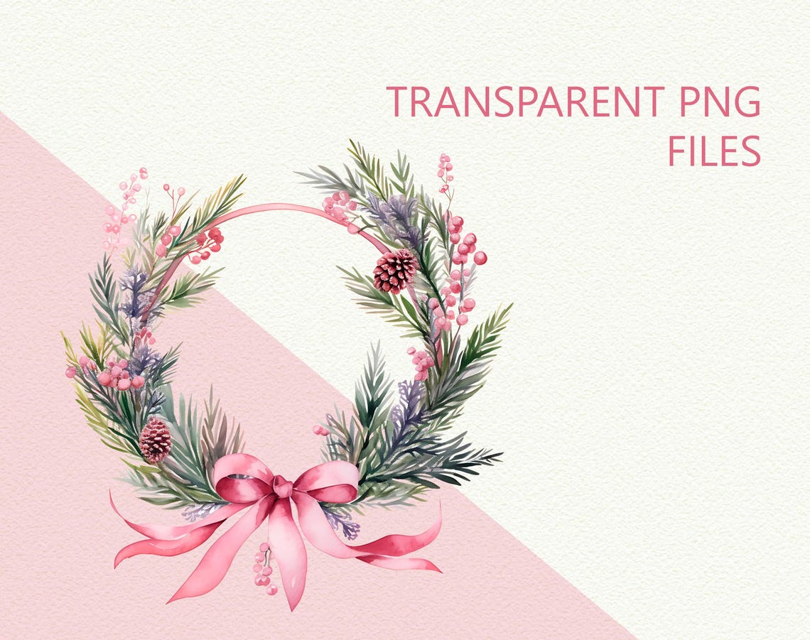 Pink Christmas Wreath Clipart: Festive Circle Frame PNG Digital ...