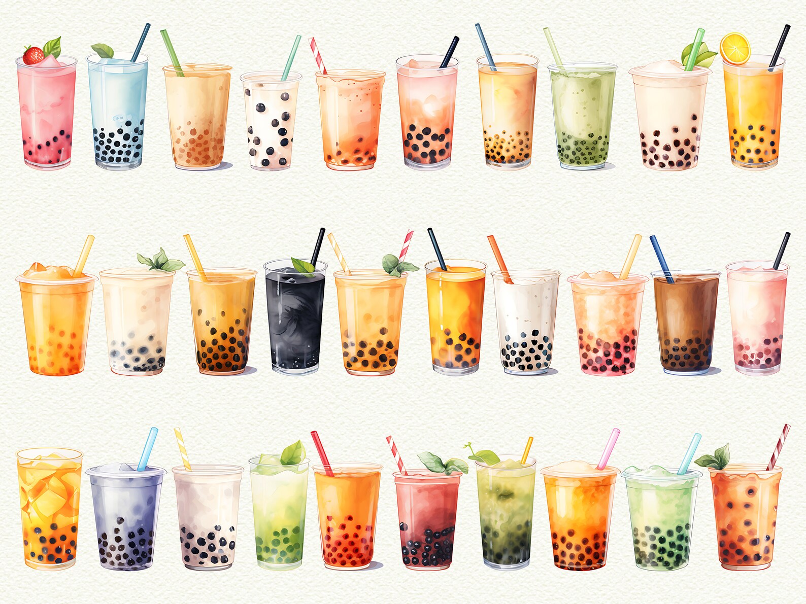 86 Boba Tea Clipart Set | Kawaii Bubble Tea PNG Bundle Strawberry ...