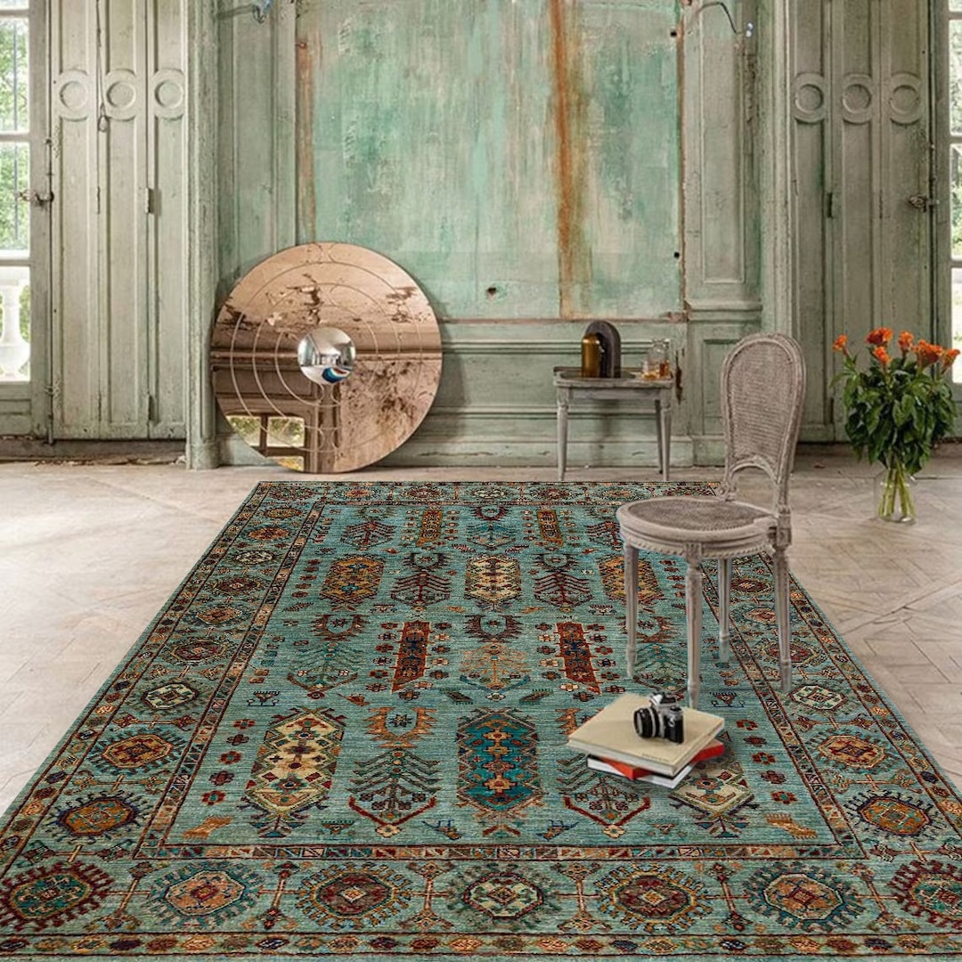 Bohemian Blue Rug, Aesthetic Vintage Style Carpet, Rugs Livingroom ...