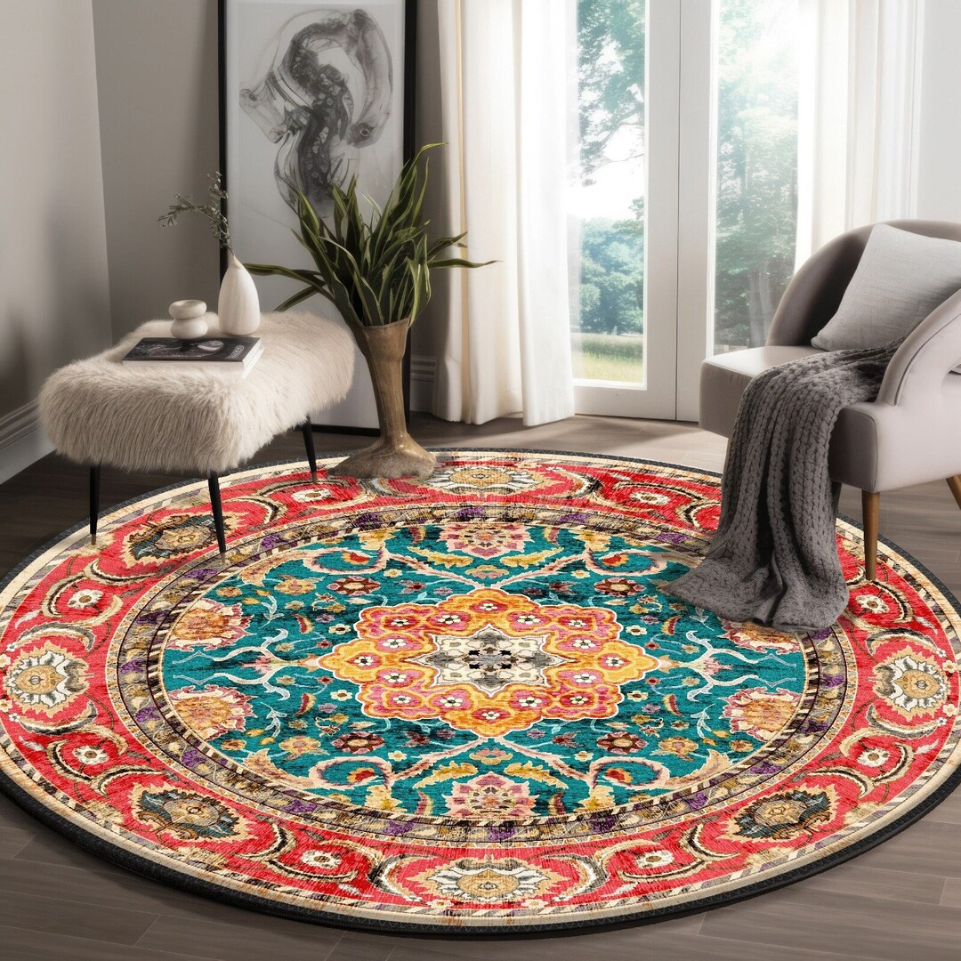 Bohemian Round Rug, Vibrant Pastel Color Round Rug, Oriental Circle Rug ...