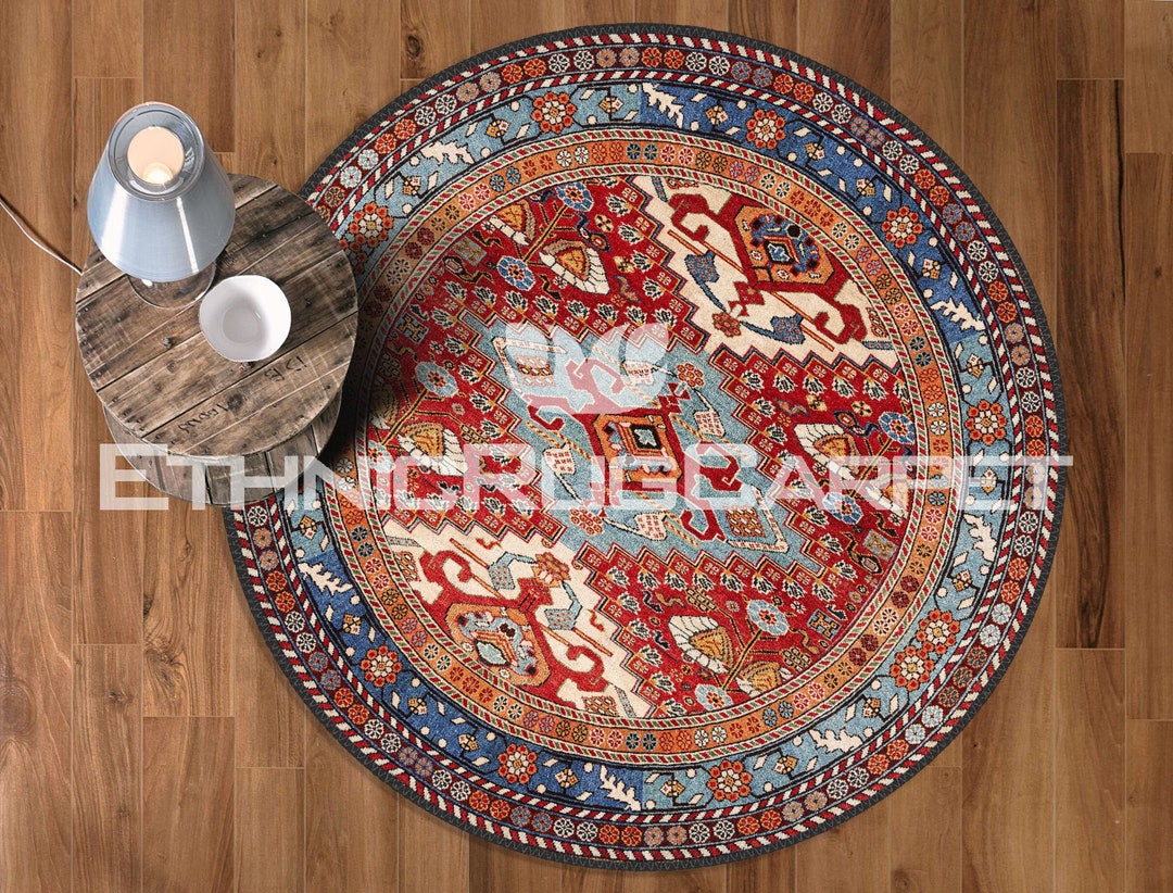 Ethnic Round Rug, Handknotted Texture Bohemian Round Rug, Circular ...