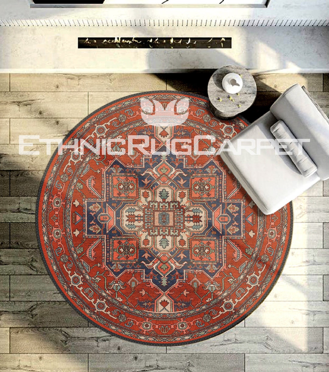 Round Rug for Livingroom, Red Bohemian Carpet, Round Rug 6 Feet ...