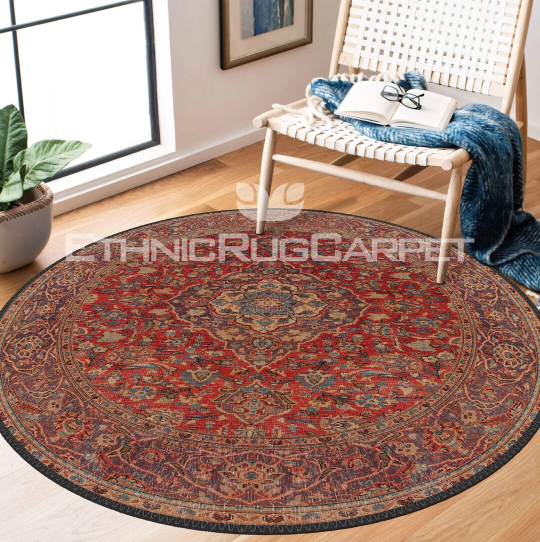Red Round Rug, Turkish Nomadic Circle Rug, Tribal Patterns for a Bold ...