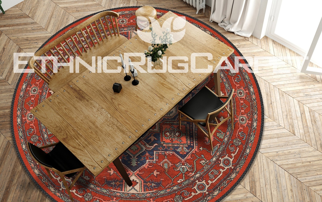 Round Oriental Rug 7 Feet, Diningroom Round Carpet, Ethnic Tribal Red ...