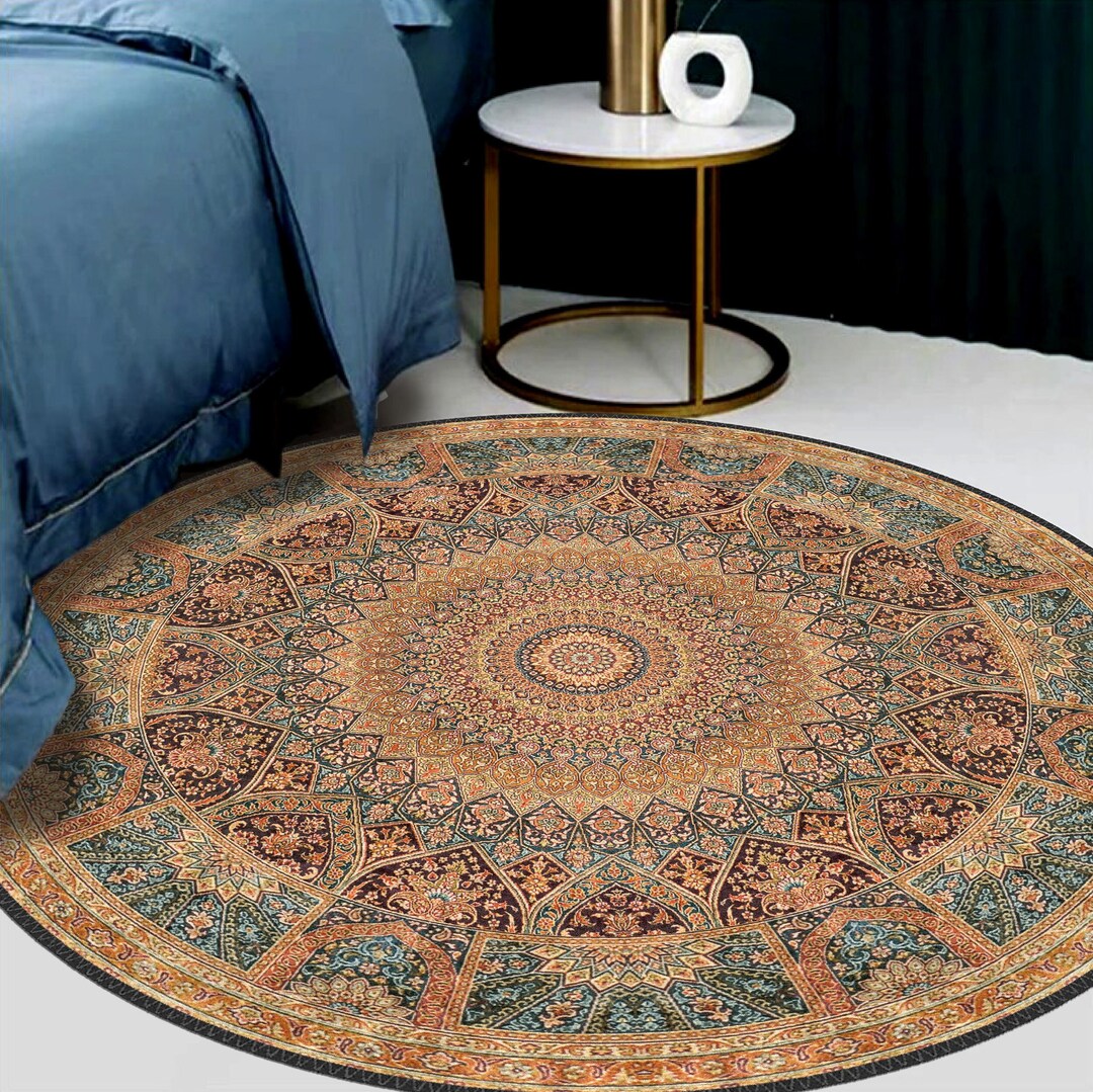 Oriental Round Rug, Traditional Circular Rug, Bedroom Ethnic Rug ...