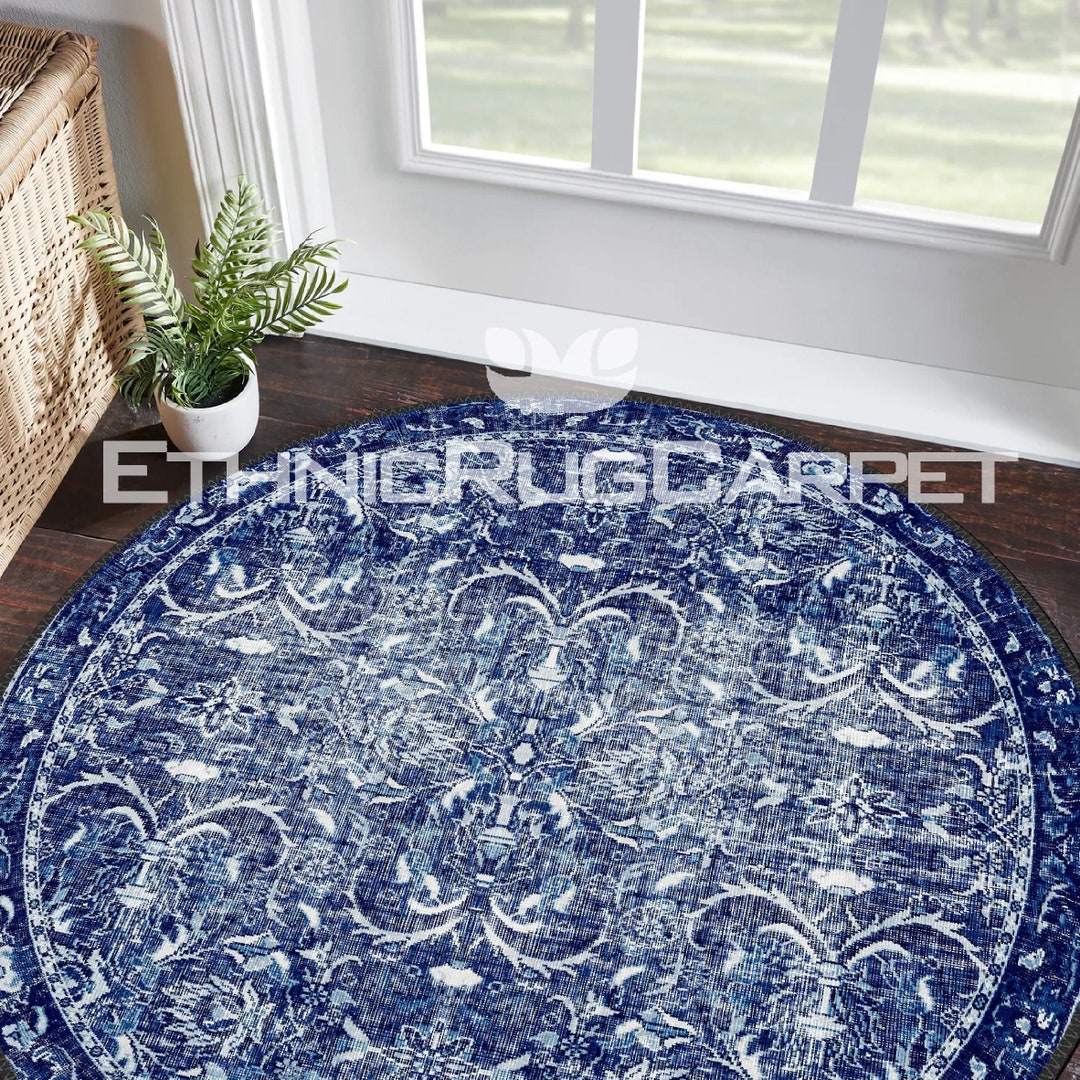 Boho Chic Round Rug, Blue Circle Rug for Livingroom, Distressed Blue ...
