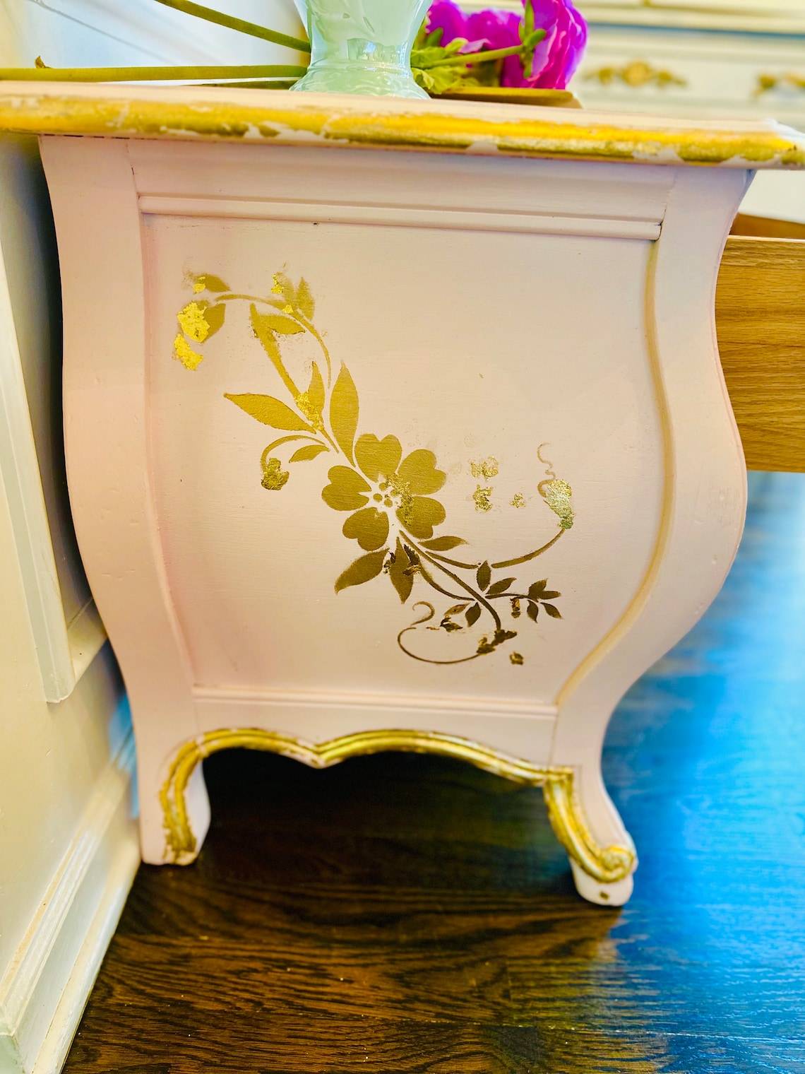 French Provincial Bombe Table Nightstand Vintage Pink Gold Bedside ...