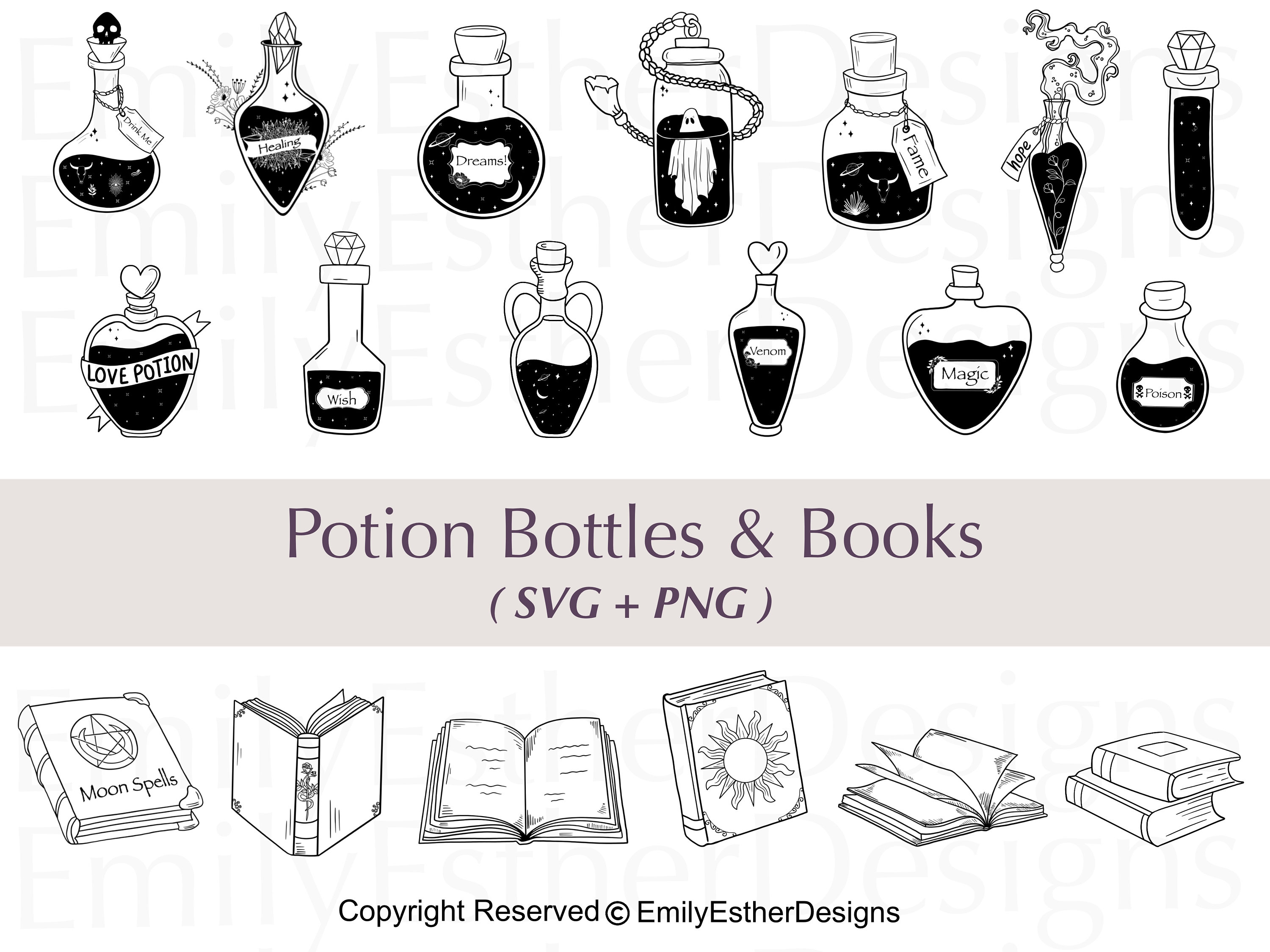 Potion Bottles and Books Svg Bundle Magic Svg Books Svg | Etsy
