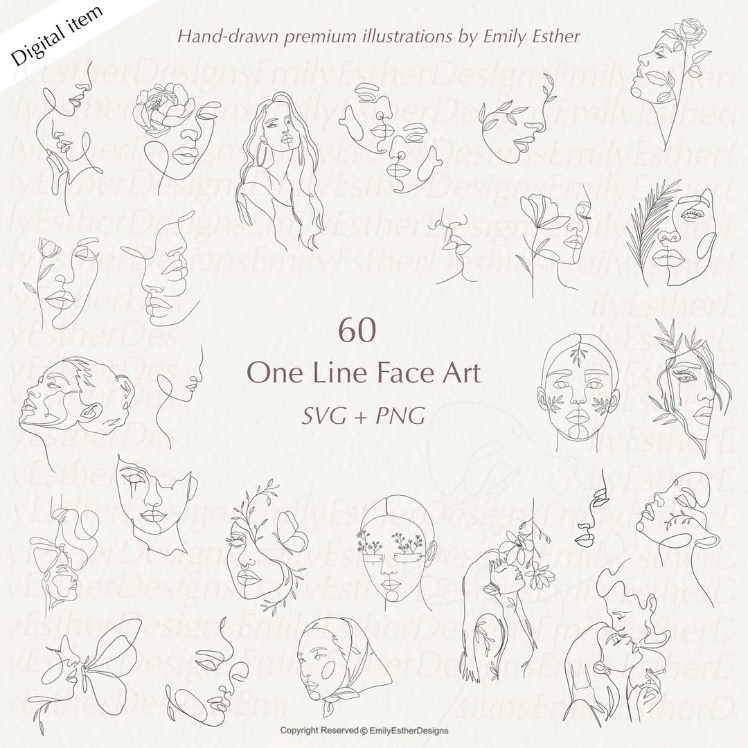 Floral Face Line Art SVG Bundle: 60 Botanical Designs (digital Download ...