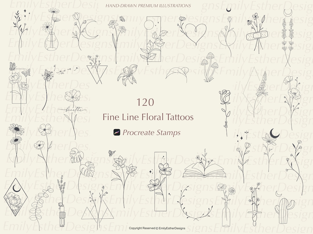 120 Fine Line Floral Tattoo Procreate Stamps: Botanical Designs - Etsy