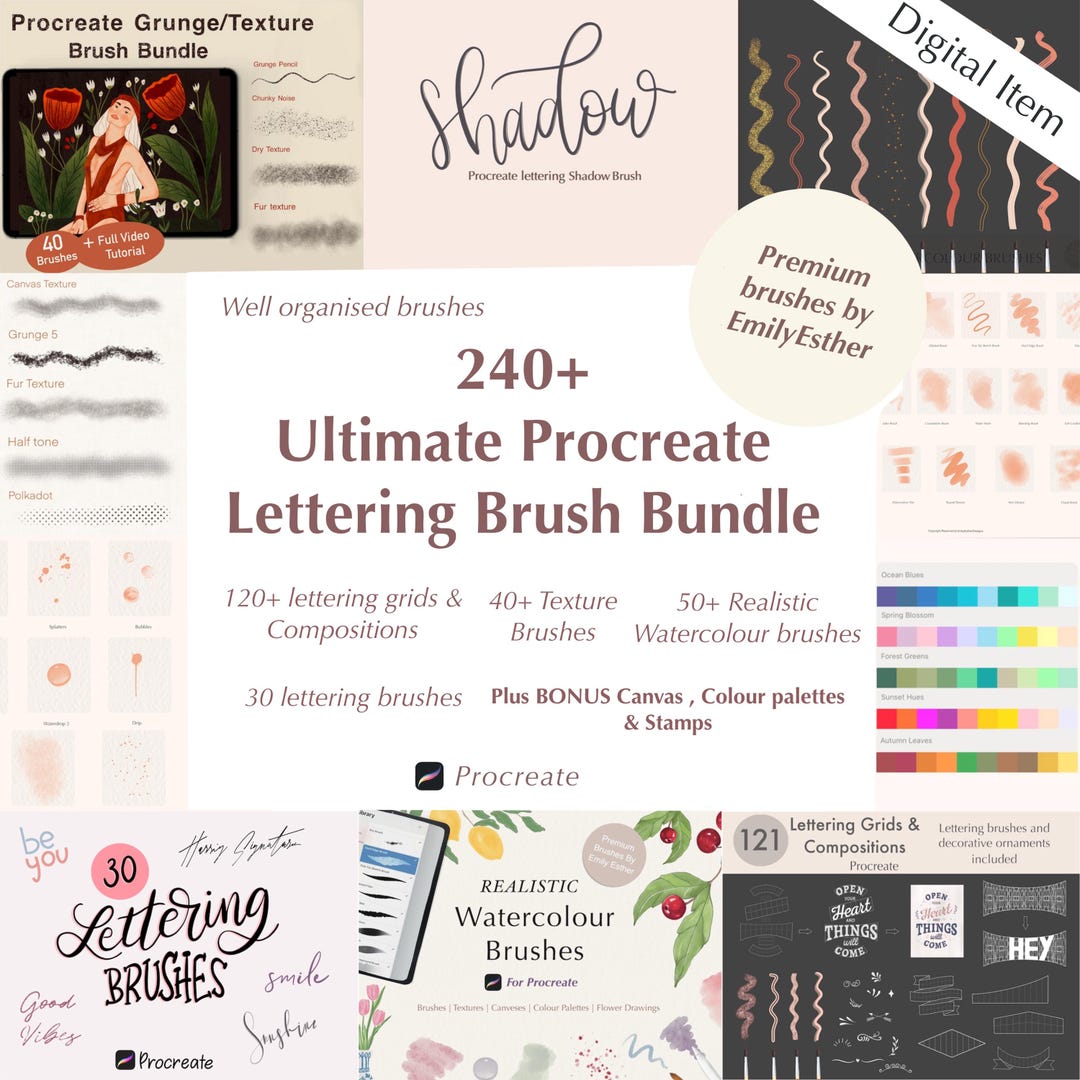 Procreate Lettering Brushes Bundle: Watercolour, Grids, Textures ...