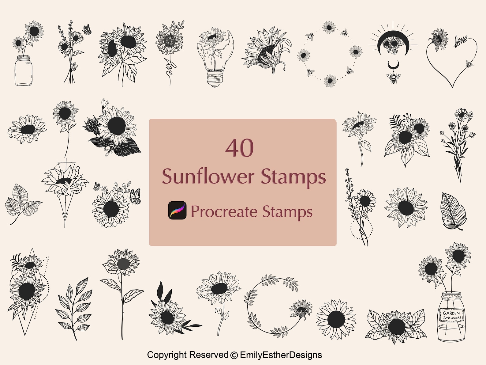 40 Sunflower Procreate Stamps Procreate Sunflower Brushset - Etsy