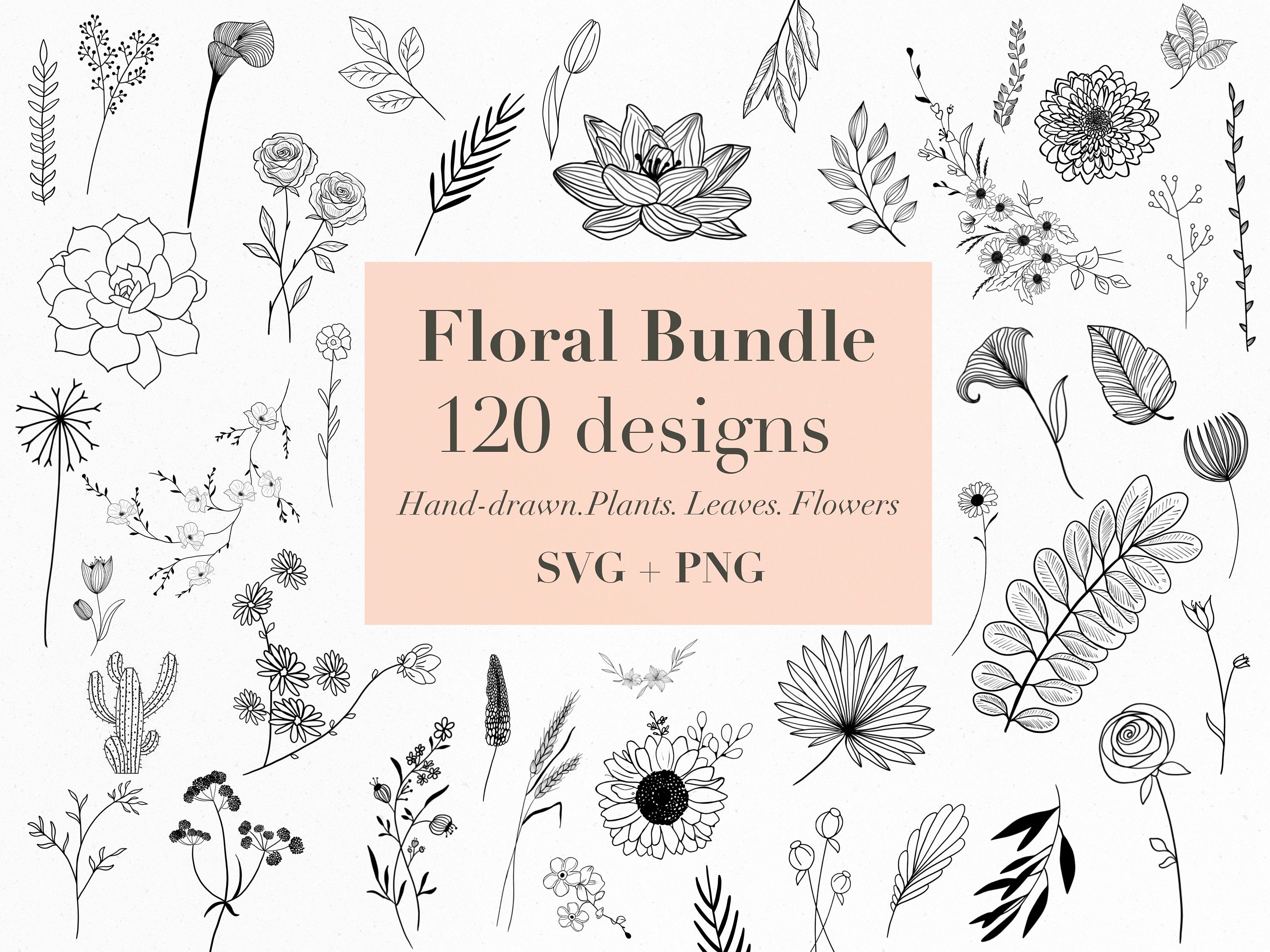 Floral Bundle Svg 120 Hand-drawn Floral Svg Designs Flowers - Etsy