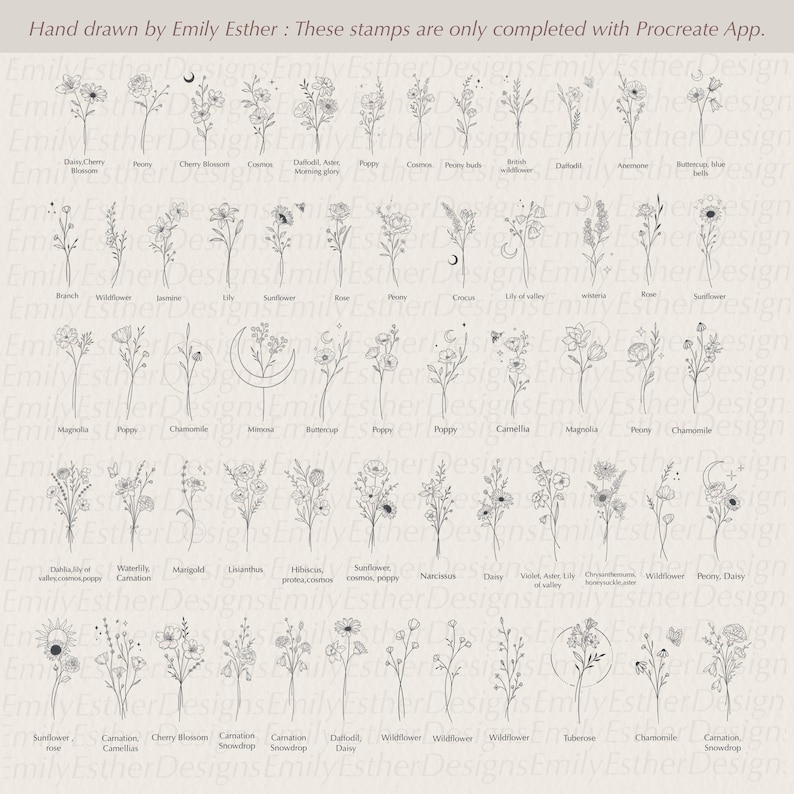 Fine Line Flower Bouquet Procreate Stamps: 60 Floral Brushes (digital ...