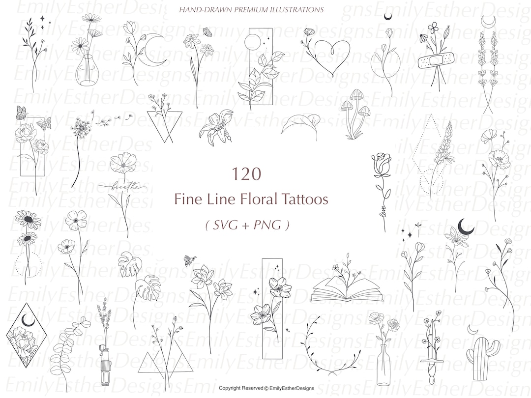 120 Fine Line Floral SVG Bundle, Flower, Line Art, Tattoo, Botanical ...