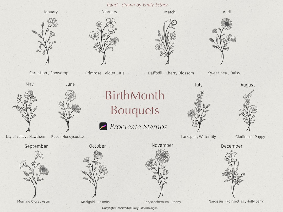 Birth Month Flower Bouquet Stamps, Flower Bouquets, Procreate Flower ...