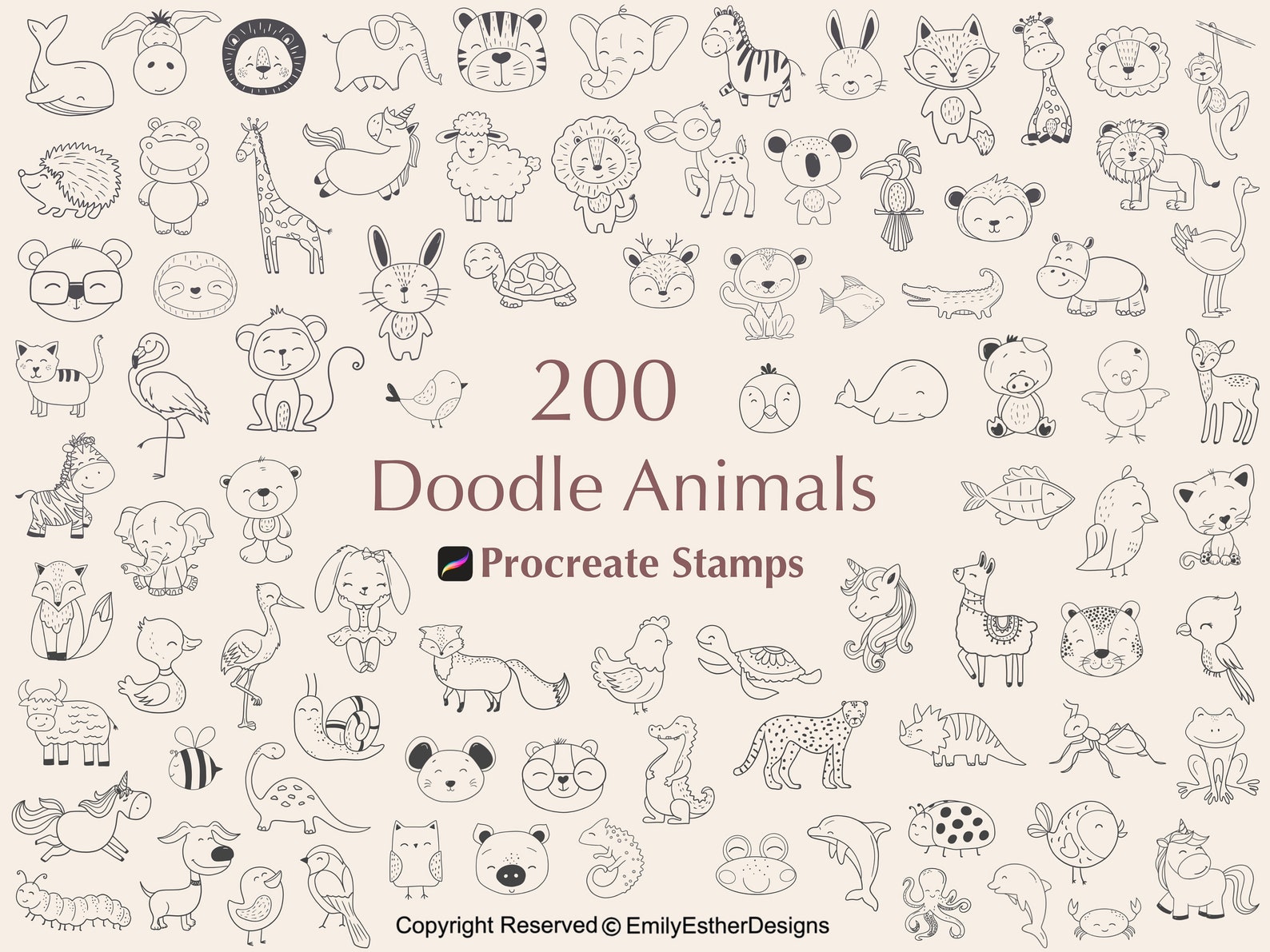 200 Animal Doodle Procreate Stamps: Brush Set Bundle - Etsy