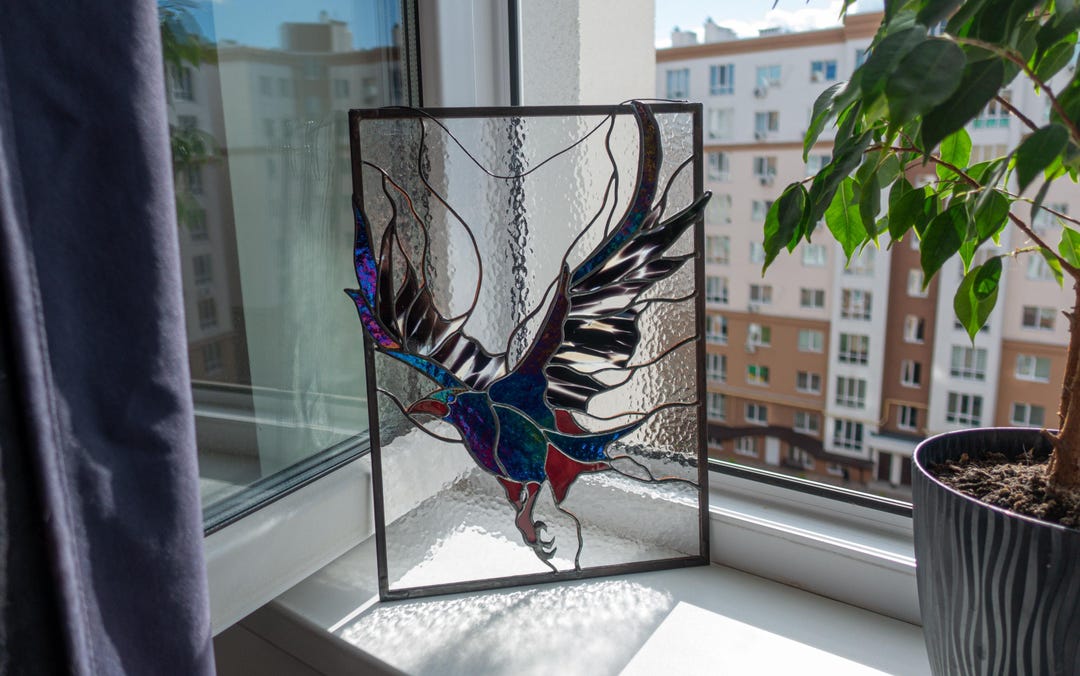 Raven Stained Glass Window Panel, Handmade Suncatcher - Etsy