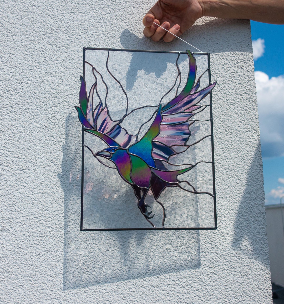 The Crow Raven in a Rectangular Stained Glass Window Panel, Stained ...