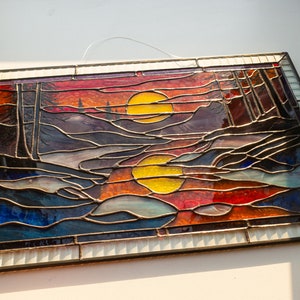 Stained Glass Window Panel — Landscape Mountain Sunset, Large Window ...