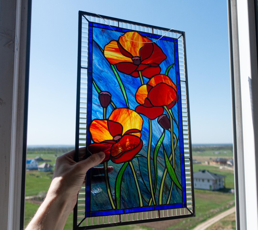 Red Poppies Flowering in a Summer Field Stained Glass Window Panel ...