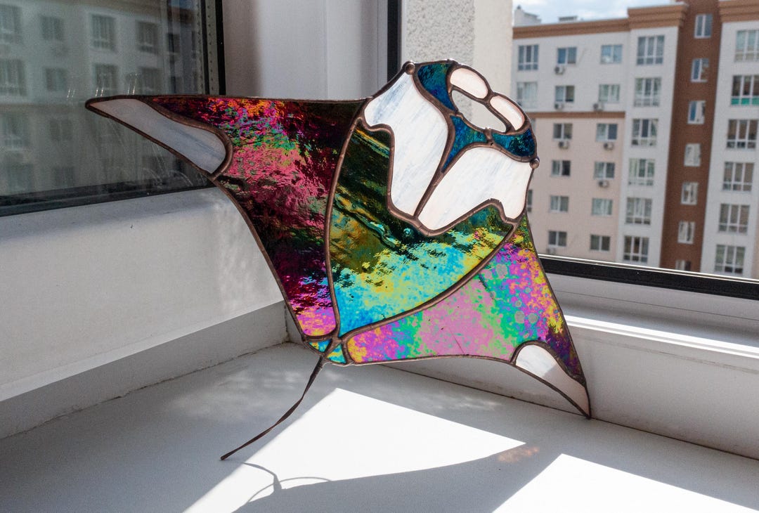 Manta Ray Stained Glass Suncatcher — Ocean Window Hanging, Marine Life ...