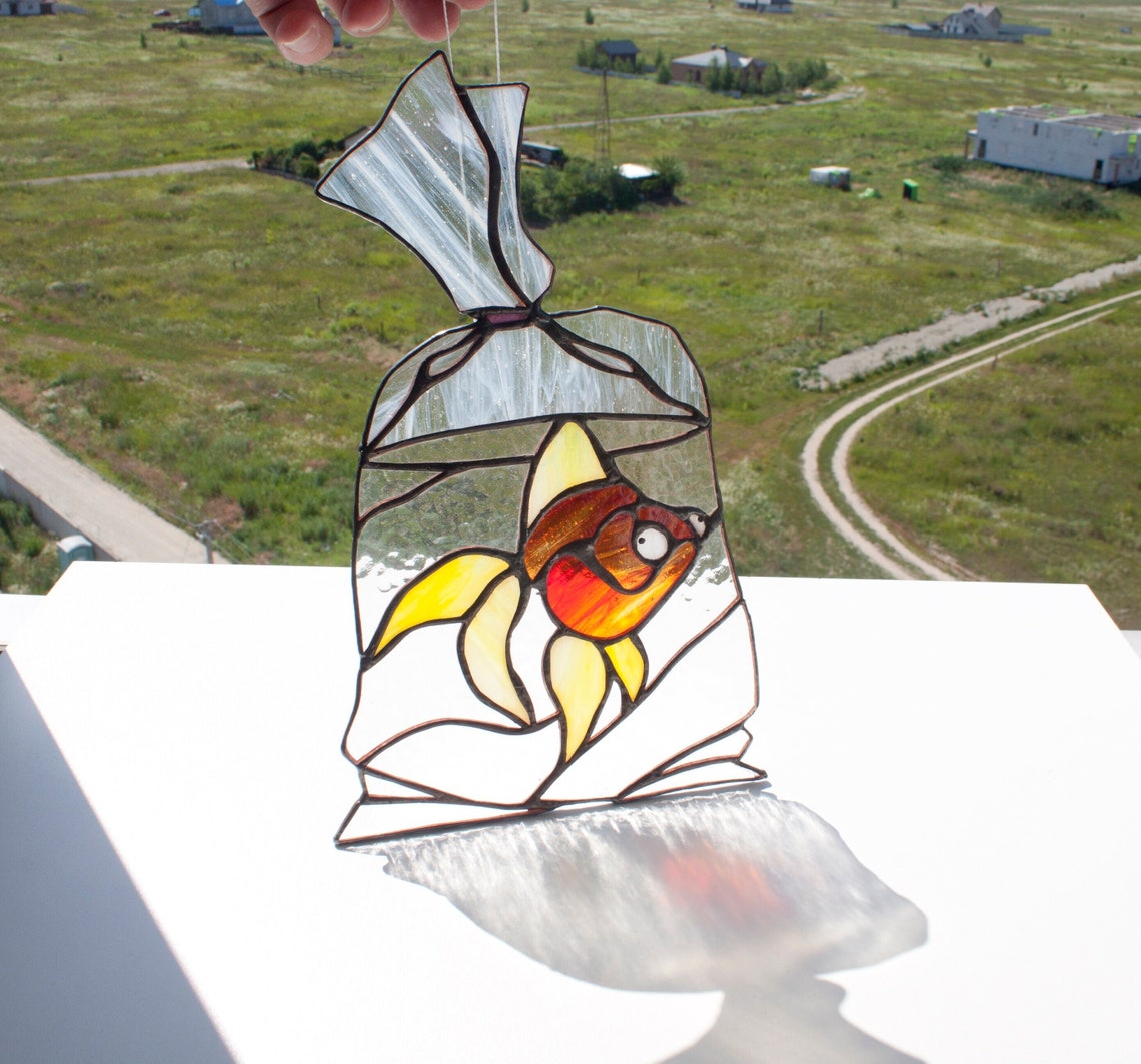 Goldfish in a Package Stained Glass Window Panel Stained Glass - Etsy
