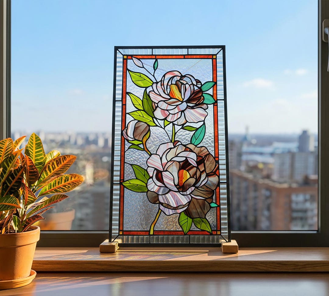Stained Glass Window Panel — Pink Peony Flowers, Floral Window Hanging ...