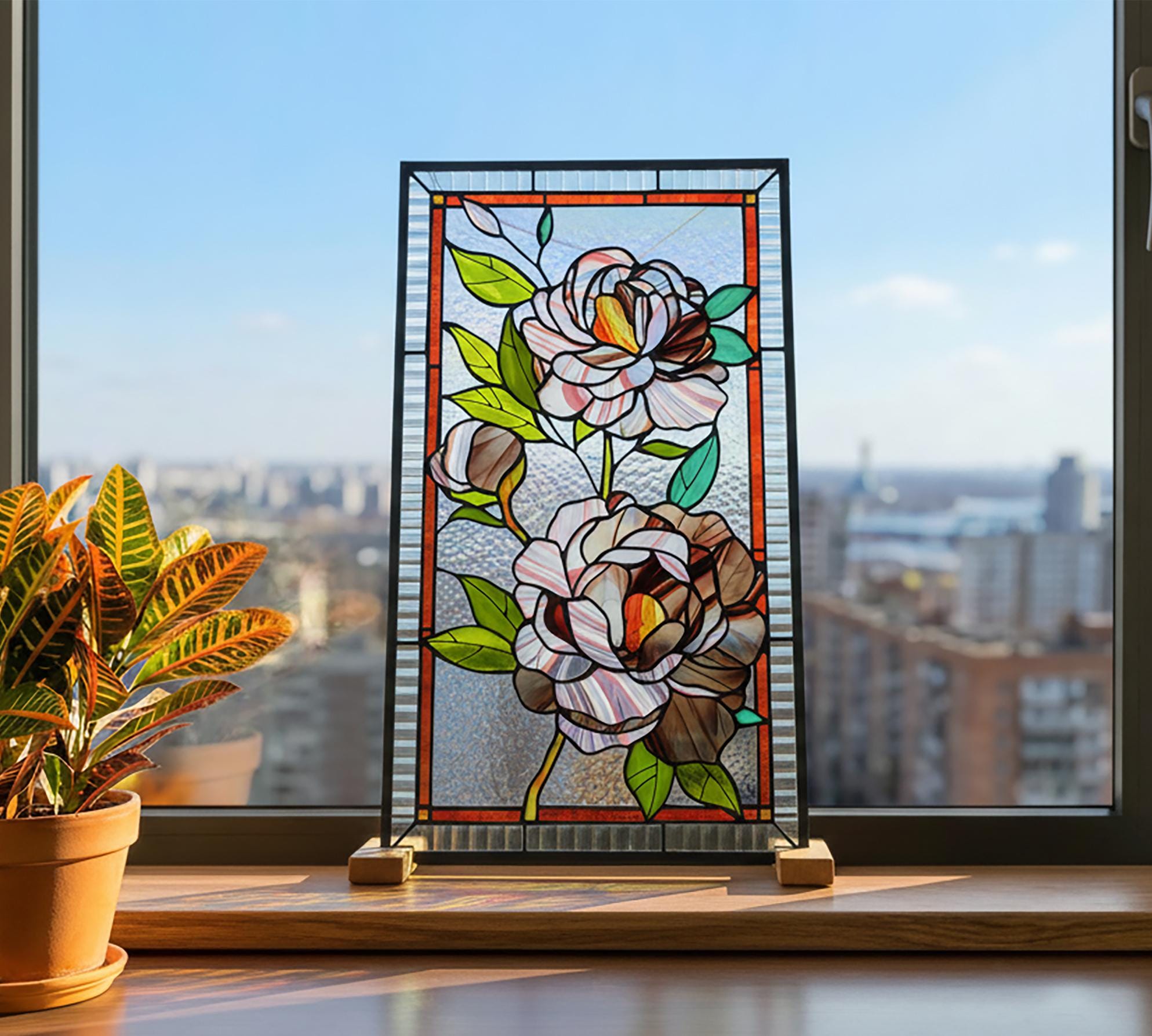 Stained Glass Window Panel — Pink Peony Flowers, Floral Window Hanging ...