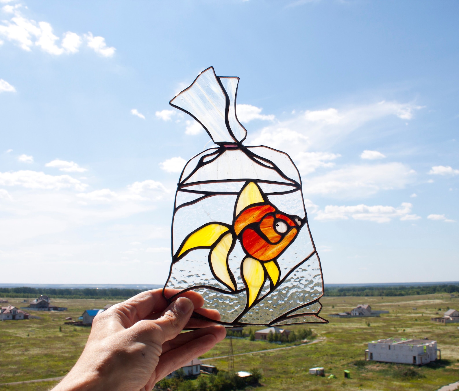 Goldfish in a Package Stained Glass Window Panel Stained Glass - Etsy