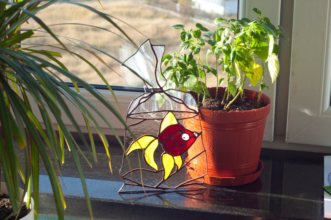 Goldfish in a Package Stained Glass Window Panel Stained Glass - Etsy