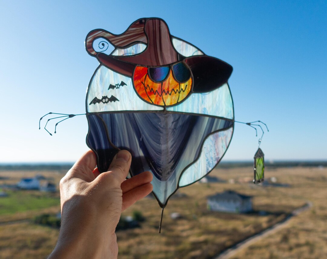Halloween Scarecrow Stained Glass Suncatcher — Pumpkin Head Moon Window ...