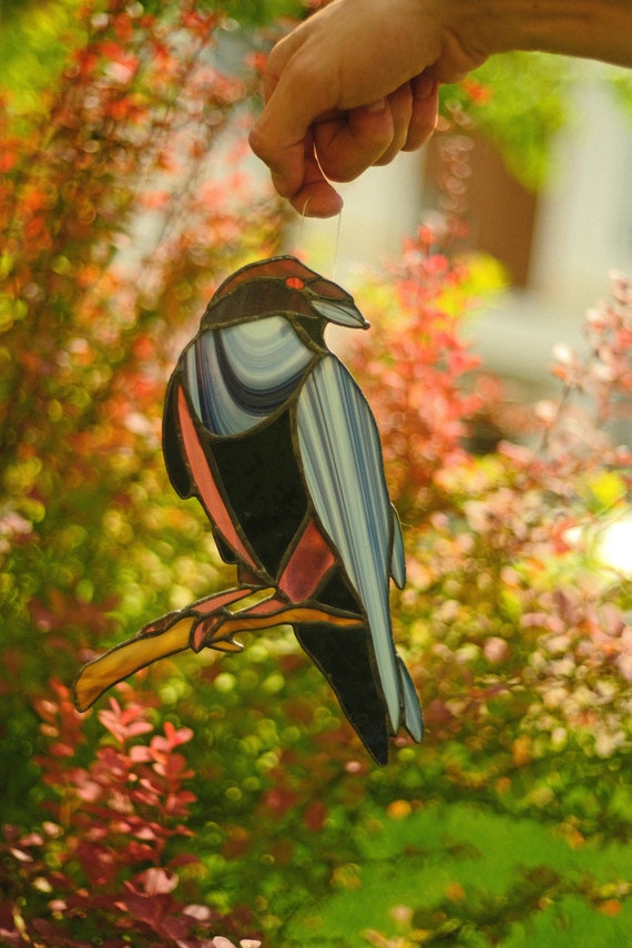 The Crow Raven Stained Glass Window Panel Stained Glass Window | Etsy