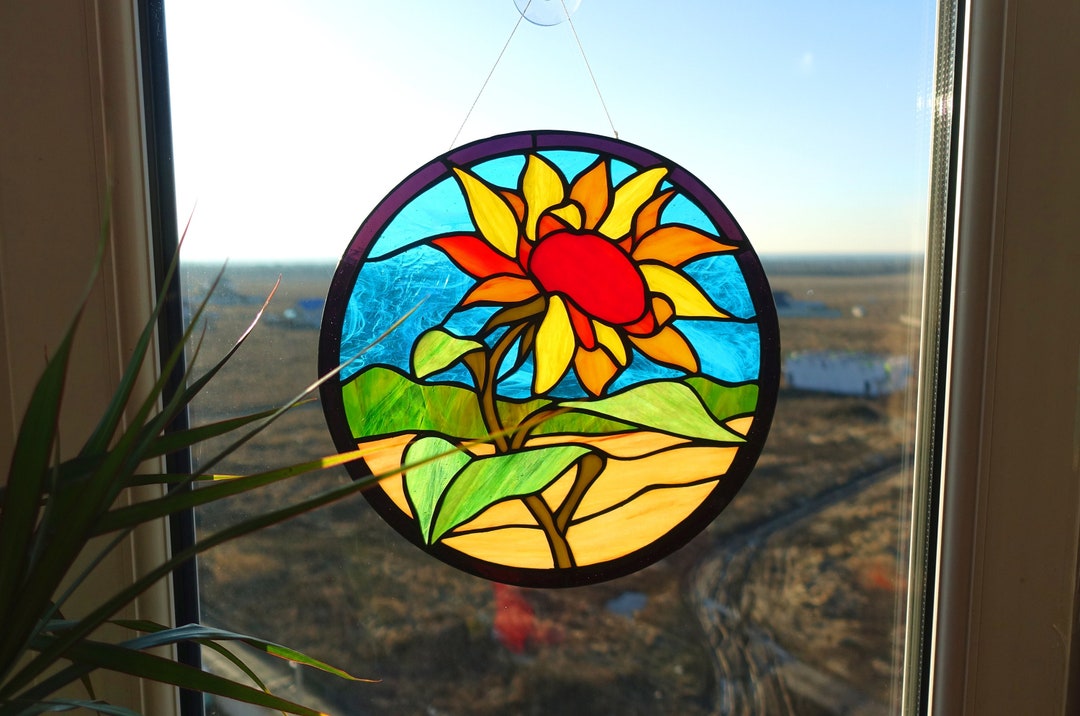 Yellow Sunflower Landscape Stained Glass Round Panel, Stained Glass ...