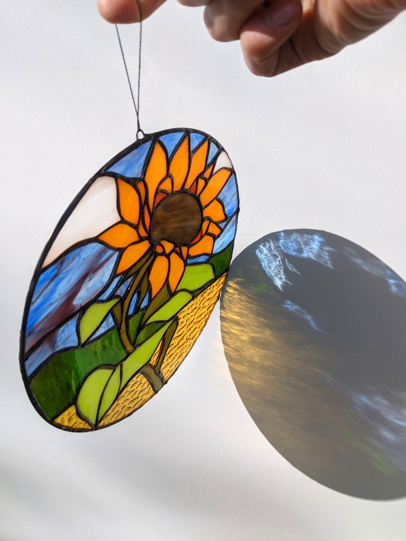 Sunflower Landscape Suncatcher Stained Glass Window Panel Etsy