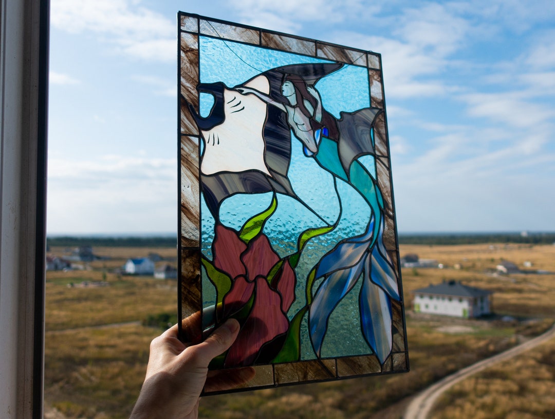 Stained Glass Panel — Mermaid and Stingray Ocean Fantasy, Nautical ...
