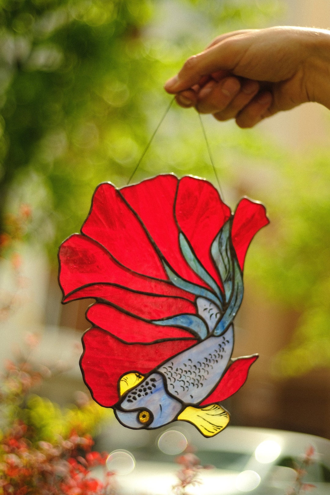 Red Betta Fish Stained Glass Suncatcher | Aquatic Unique Window Hanging ...