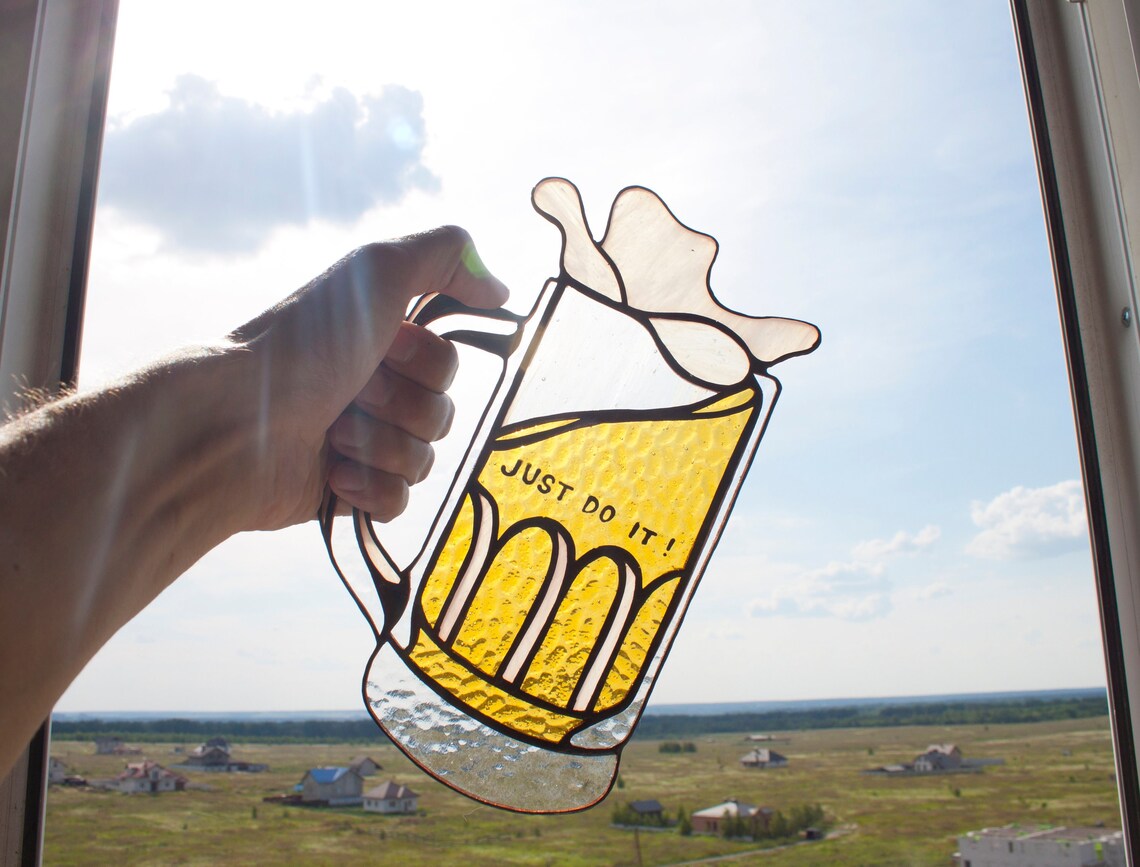 Cold Beer Stained Glass Suncatcher Stained Glass Window Panel - Etsy