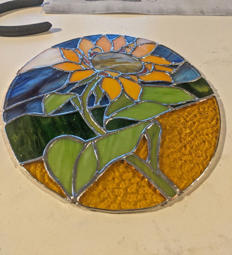 Sunflower Landscape Suncatcher Stained Glass Window Panel Etsy