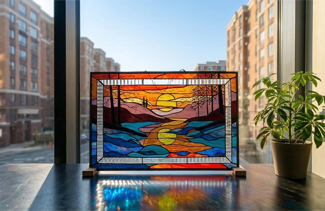 Stained Glass Window Panel — Landscape Mountain Sunset, Large Window ...