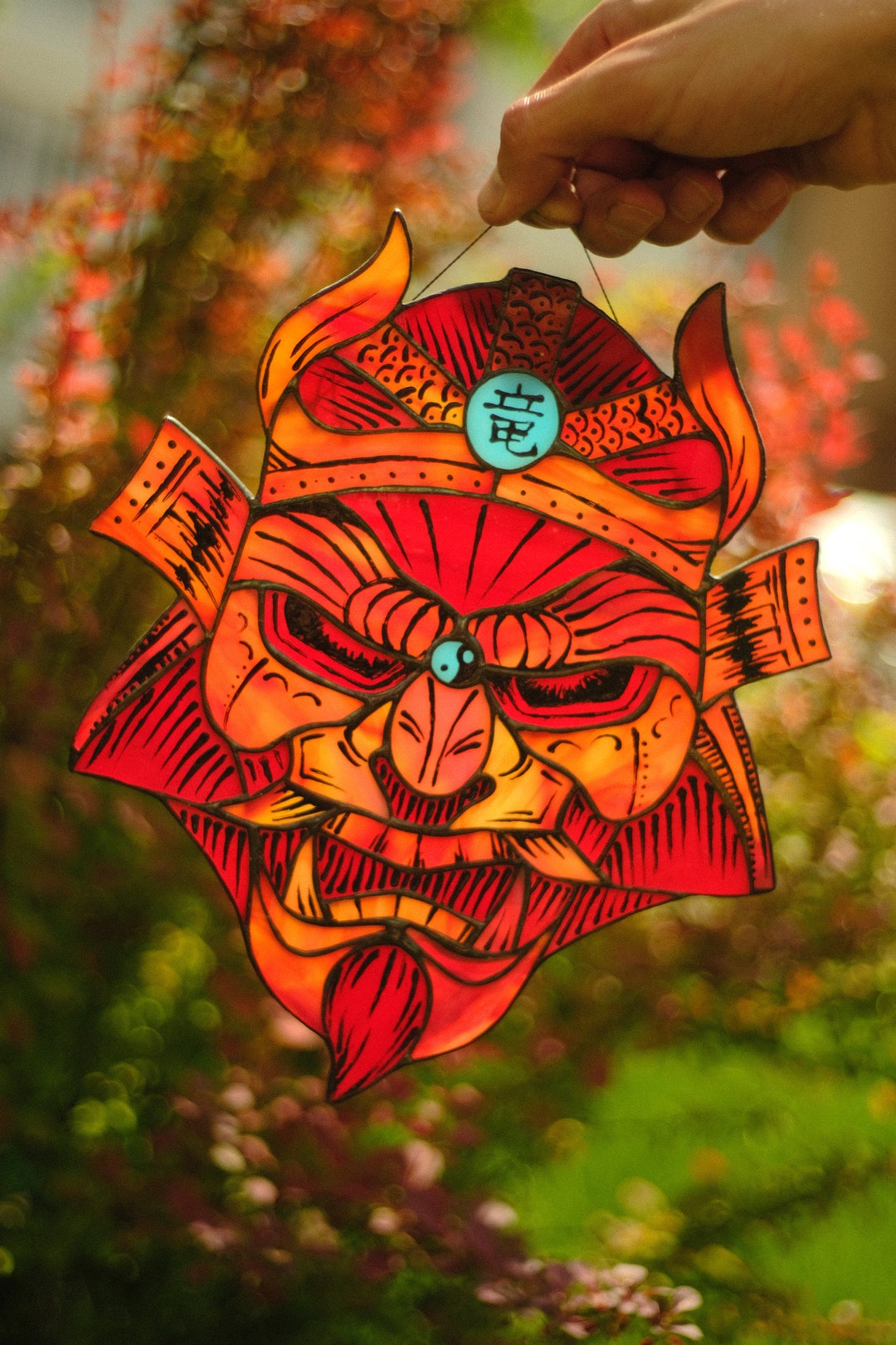 Red Samurai Mask Stained Glass Suncatcher — Japanese Oni Window Art ...