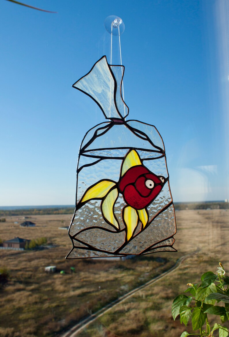 Goldfish in a Package Stained Glass Window Panel Stained Glass - Etsy
