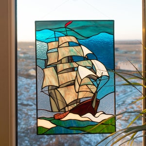 Sailing Ship Sails on the Ocean Waves Stained Glass Window Panel ...