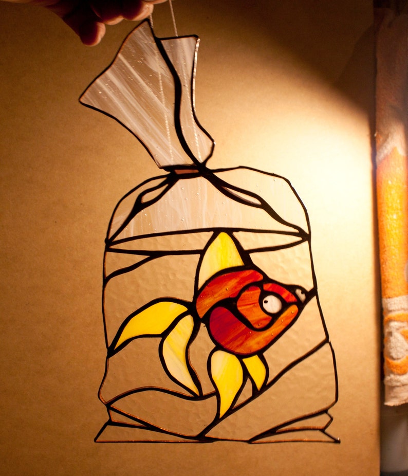 Goldfish in a Package Stained Glass Window Panel Stained Glass | Etsy